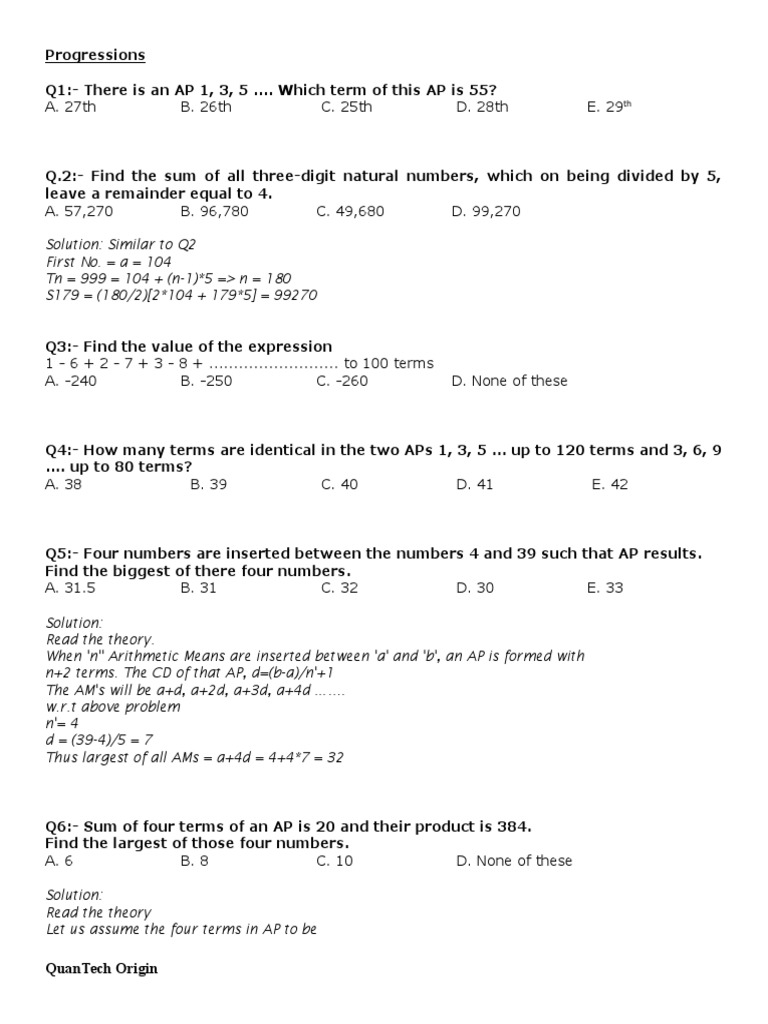 Progression Class Questions With Partial Solutions | PDF | Numbers ...