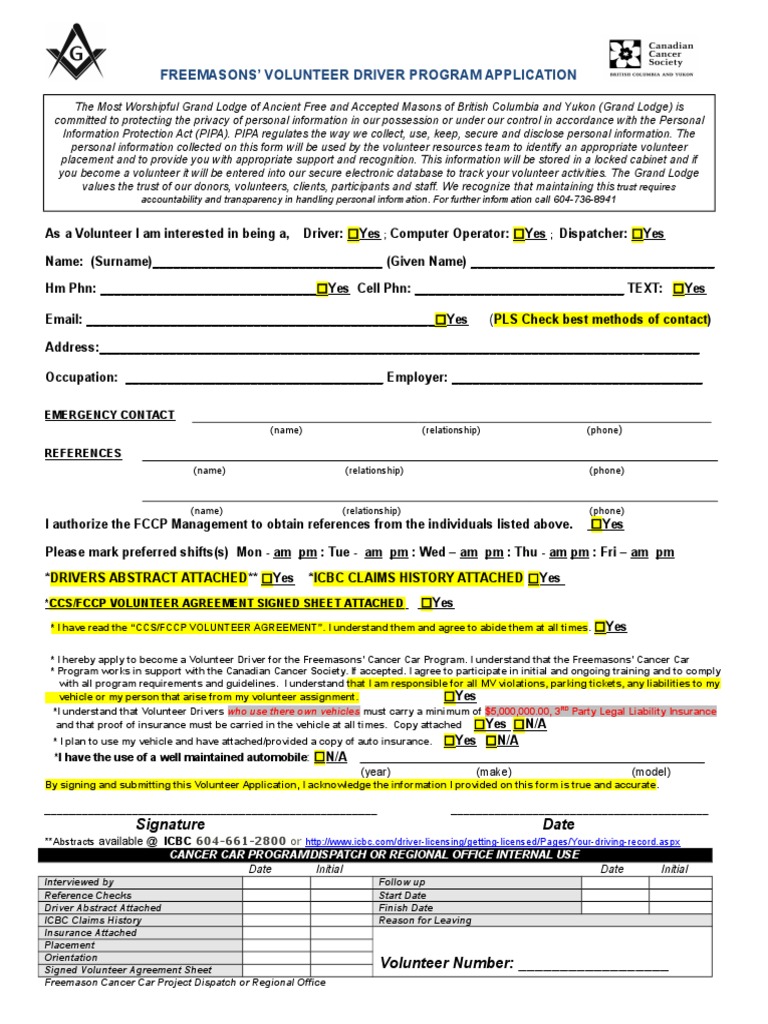 Freemasons Volunteer Driver Application | PDF | Personally Identifiable ...
