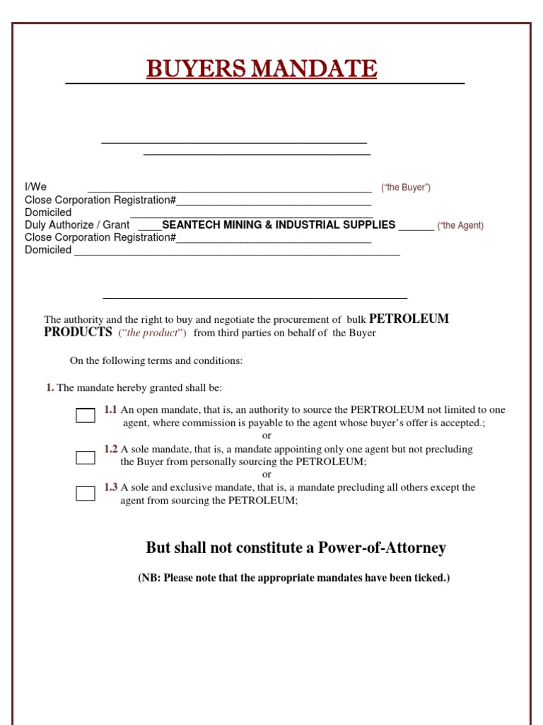 BUYERS MANDATE - Petroleum Contract | Law Of Agency | Breach Of Contract