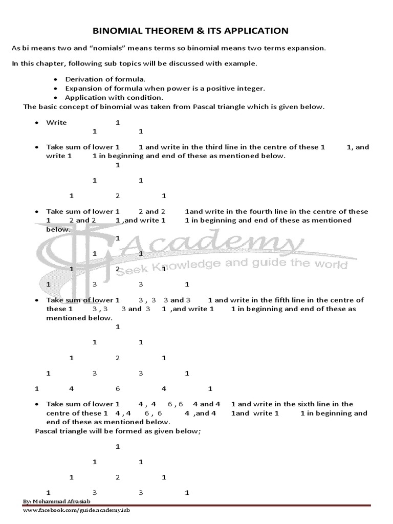 Binomial Theorem And Its Application Pdf Summation Complex Analysis