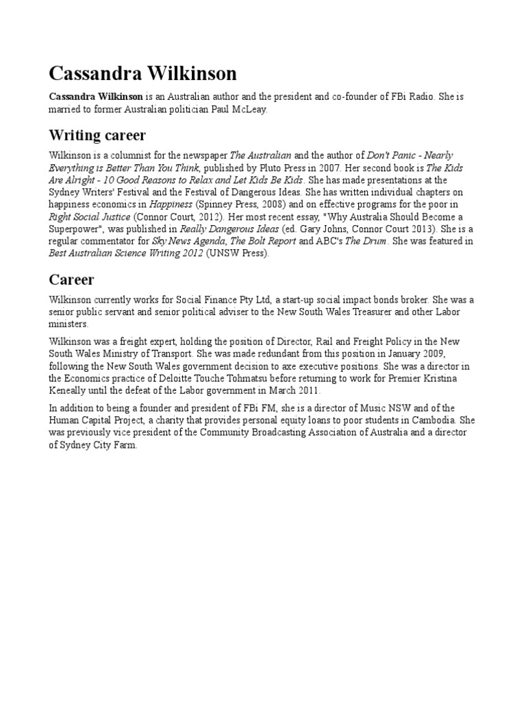 Cassandra Wilkinson: Writing Career | PDF