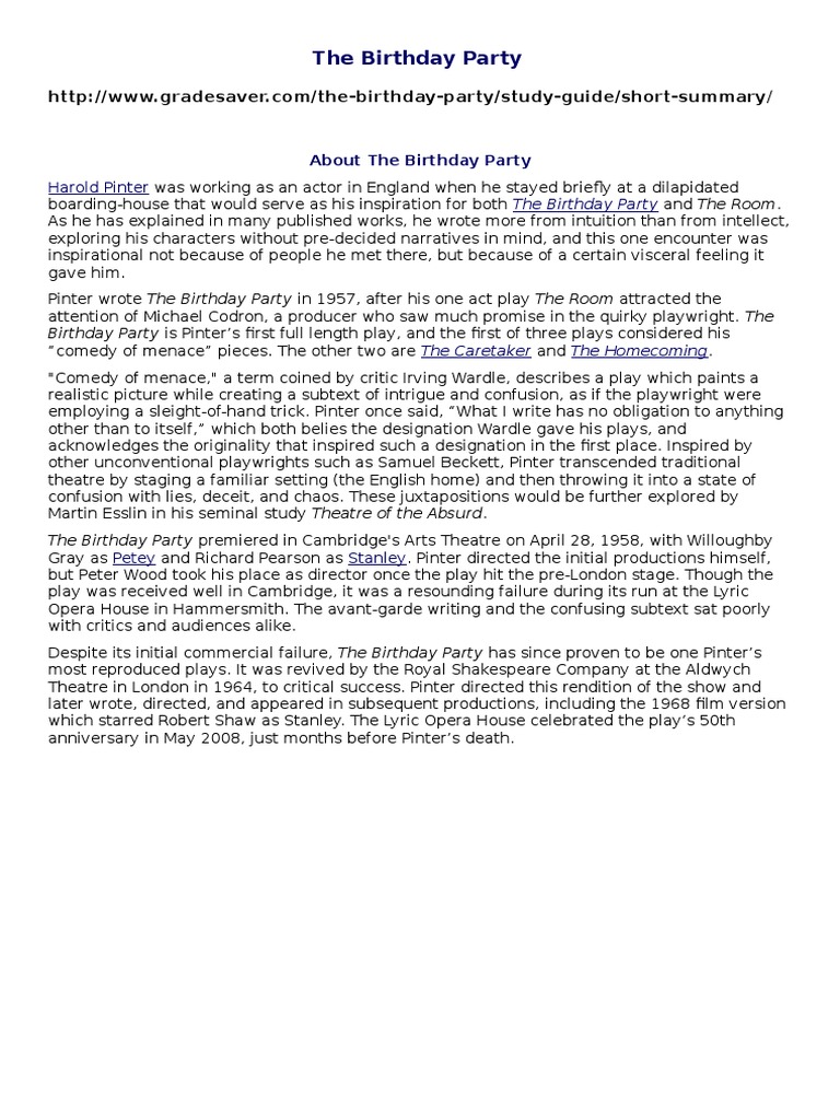 The Birthday Party | PDF | Theatre | Entertainment (General)