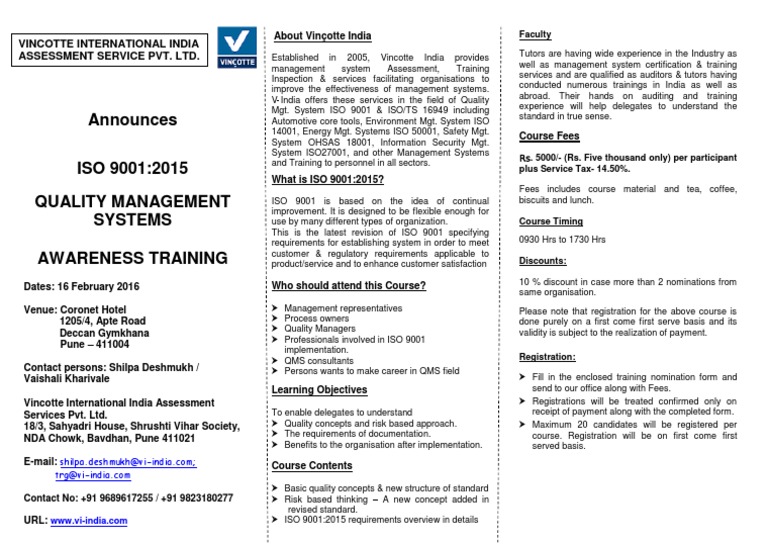 ISO 9001 - 2015 Awareness Training at Pune | PDF | Iso 9000 | Audit