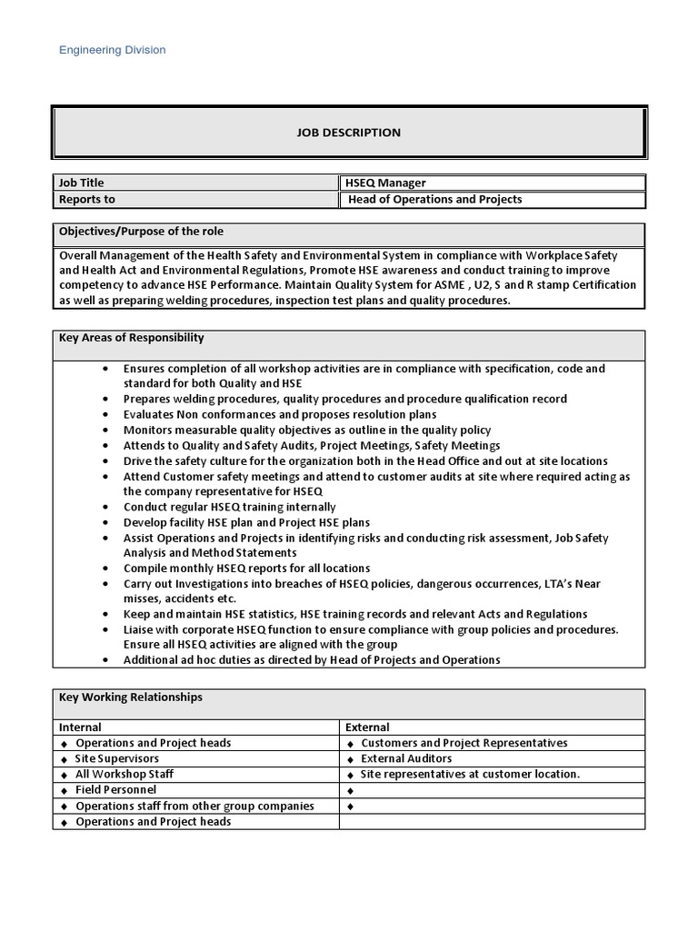 Promoting Safety Excellence: Job Description for an HSEQ Manager | PDF ...