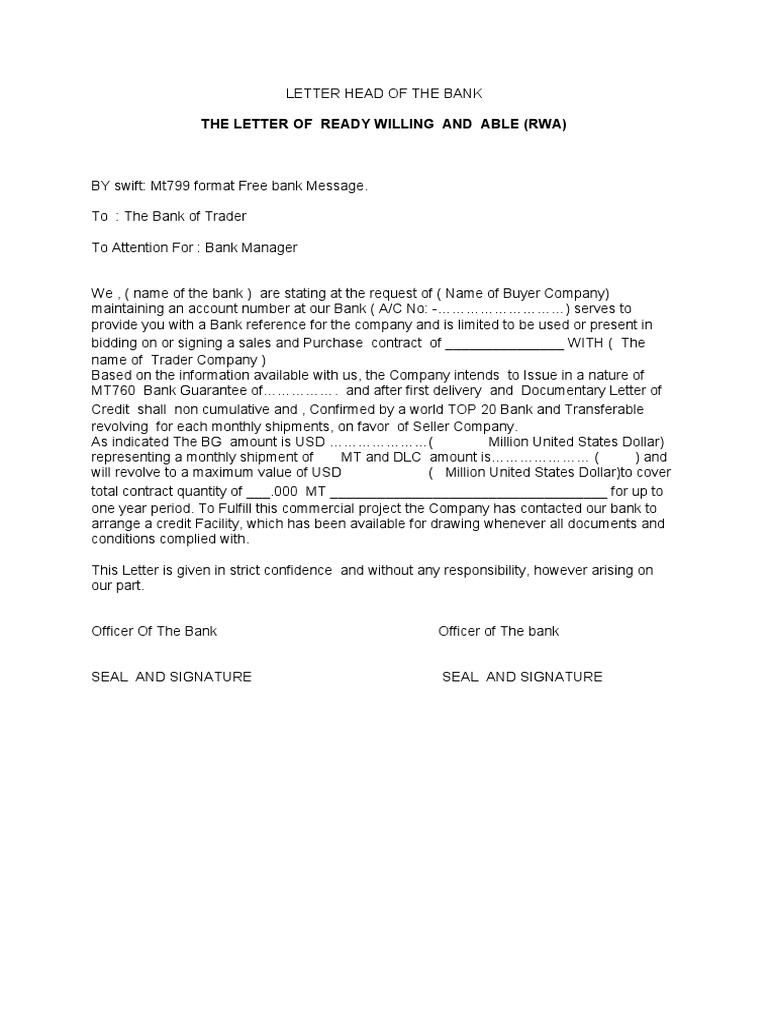 The Letter of Ready Willing and Able (Rwa) | PDF | United States Dollar ...