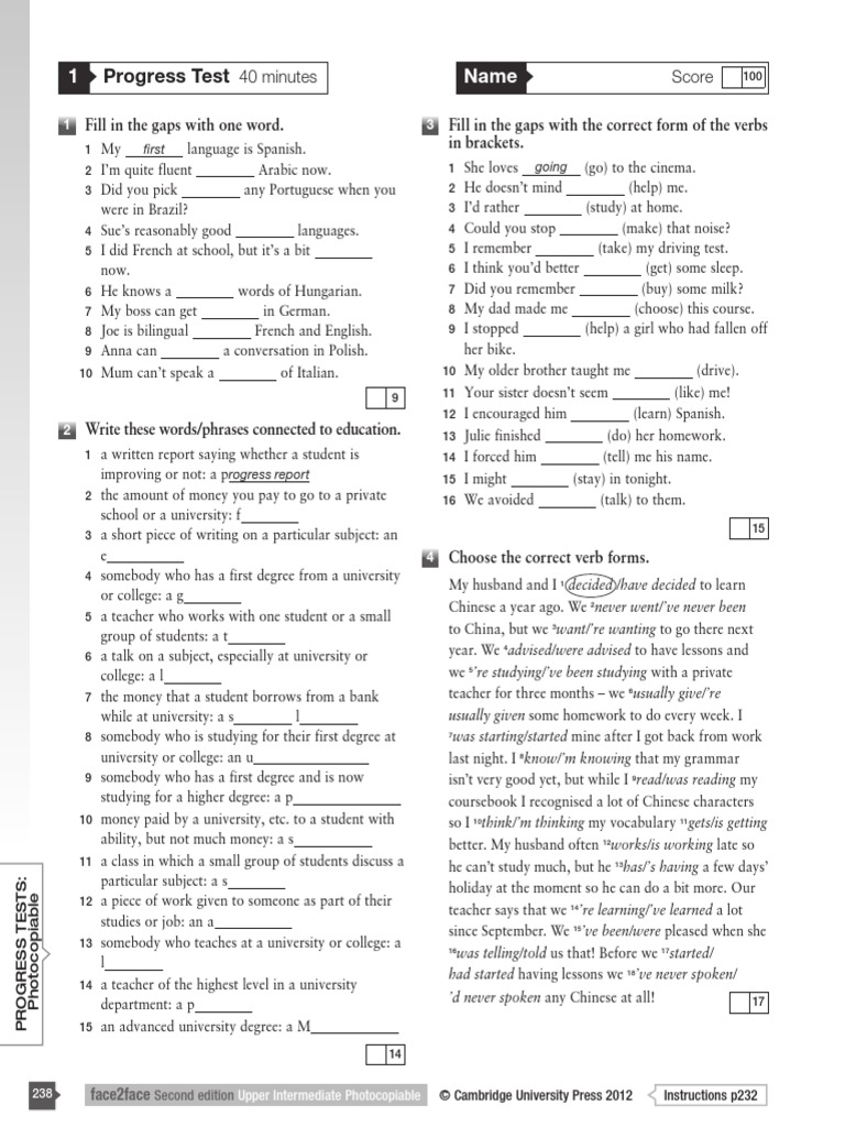 Progress Test 01 F2F UpperInt | PDF | French Language | College
