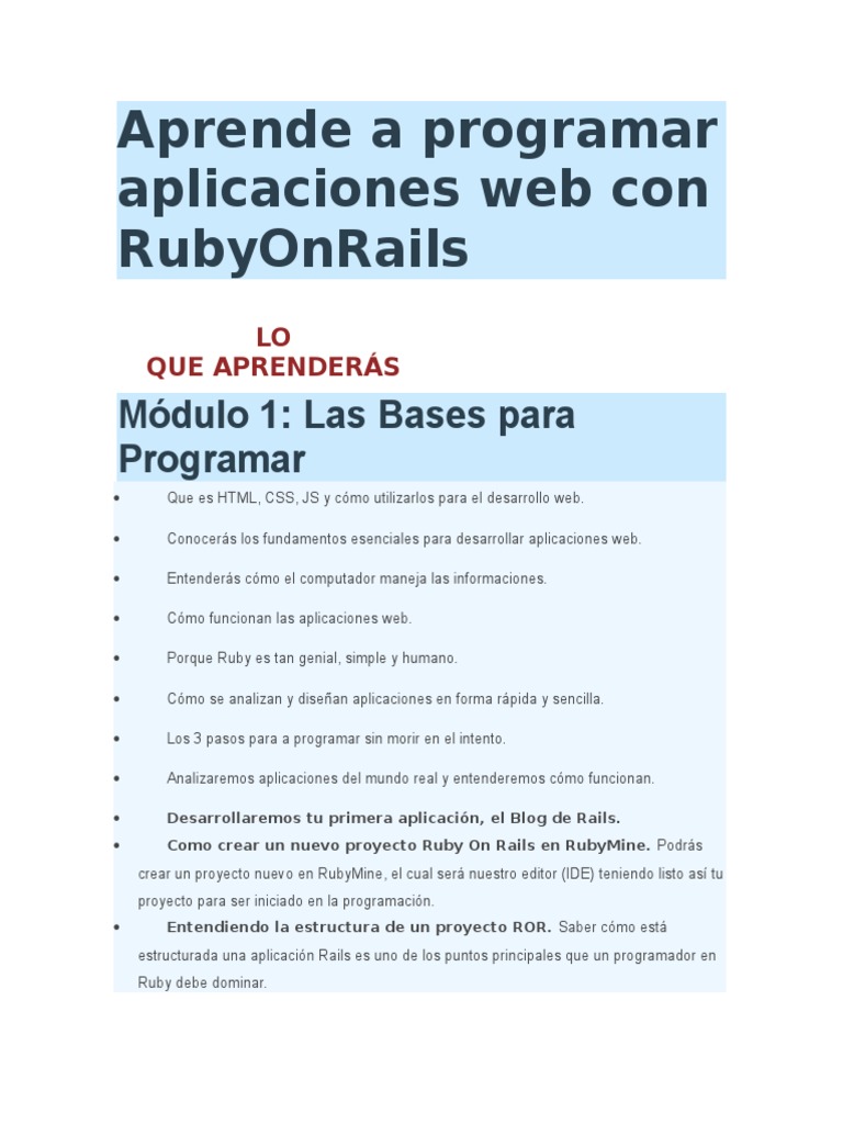 Aprende A Programar Aplicaciones Web Con RubyOnRails | PDF | Ruby on Rails | Bases de datos