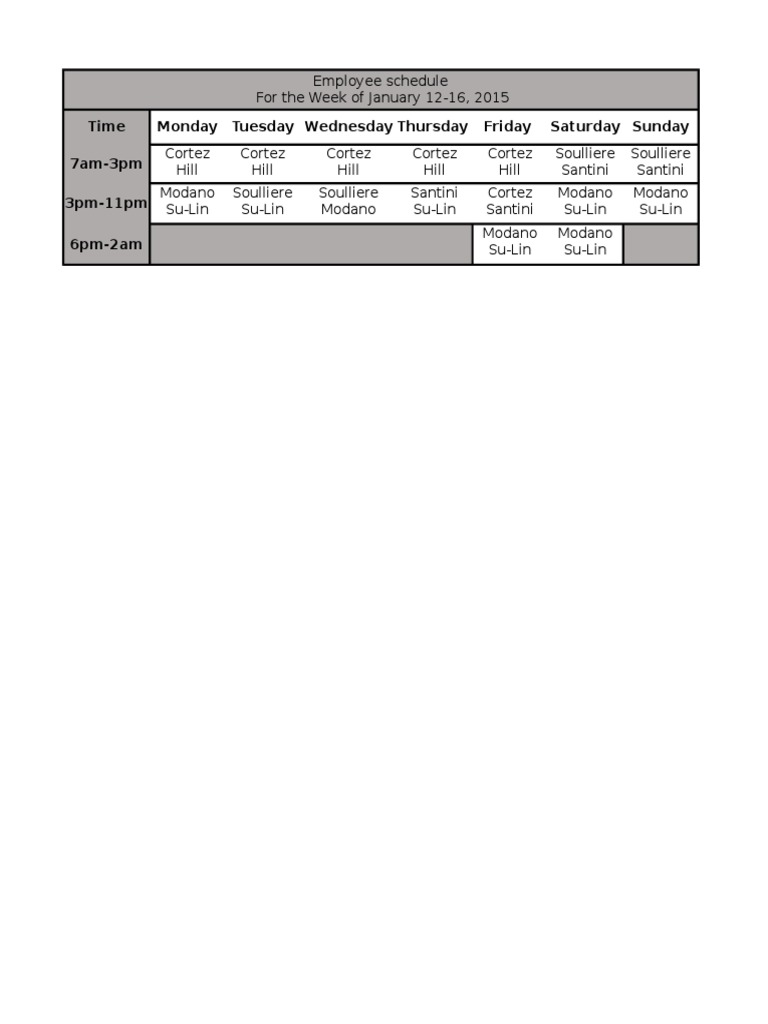 Employee Schedule Jan 12-16, 2015 | PDF