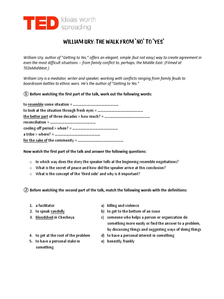 Ted Talk Worksheet A Walk From No To Yes | PDF