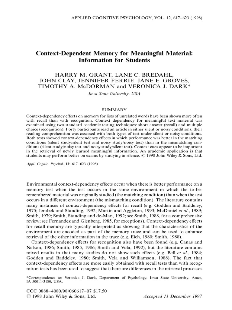 06 Grant Et Al 1997 Context-Dependent Memory For Meaningful Material ...