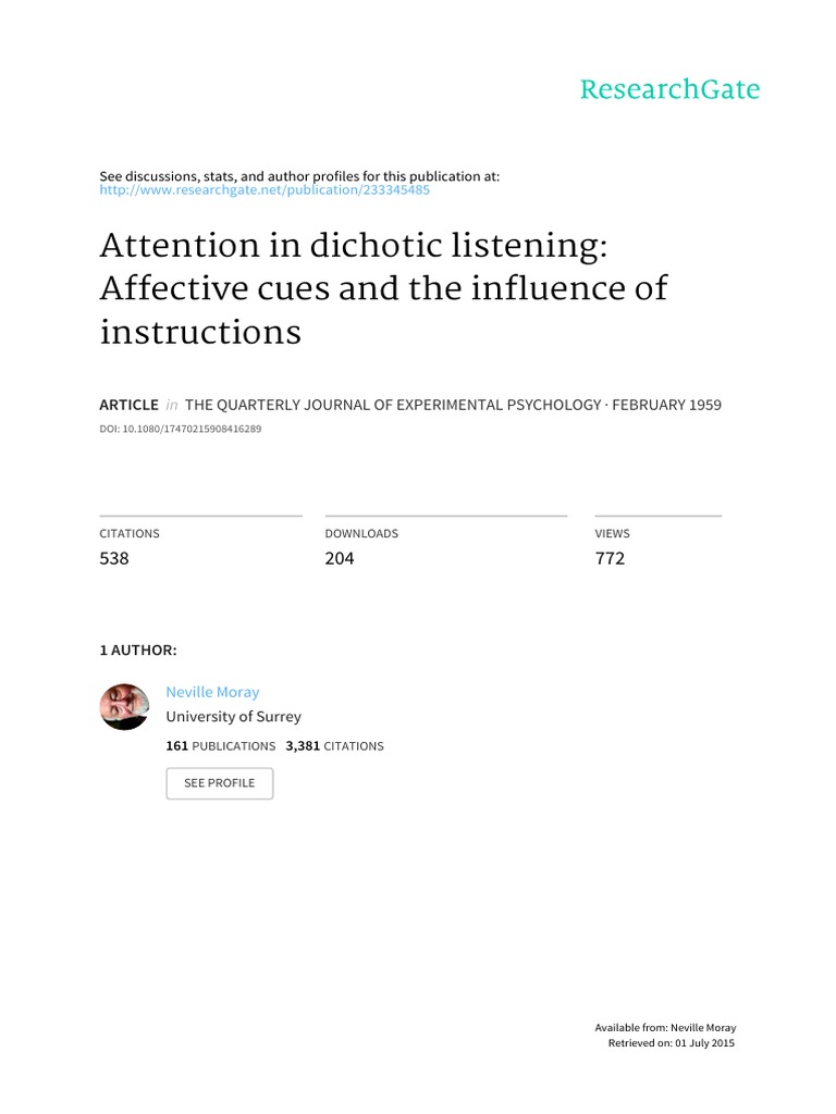 07 Moray 1959 Attention in Dichotic Listening | PDF | Attention ...