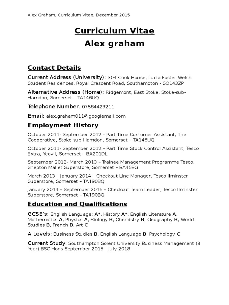 Curriculum Vitae Alex Graham: Contact Details | PDF | Motivation ...