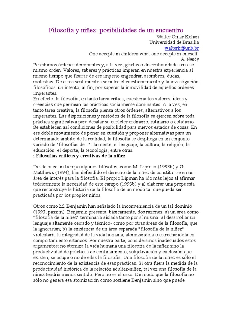 Walter Omar Kohan - Filosofía y Niñez: Posibilidades de Un Encuentro ...