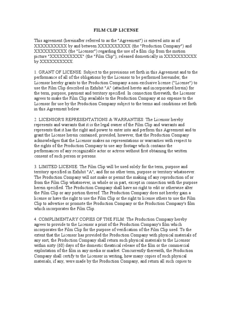 Film Clip License Agreement | PDF | License | Indemnity