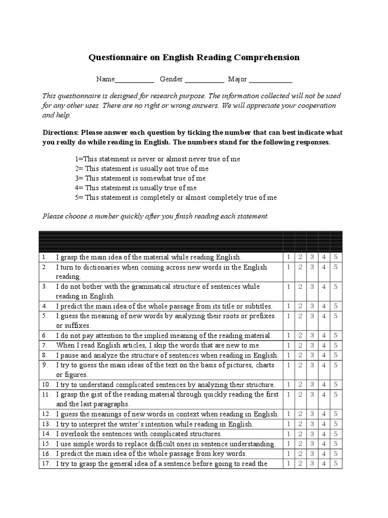 Group 5 - Questionnaire On English Reading Comprehension | PDF