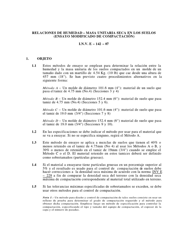 Norma INV E-142-07 Proctor Modificado | PDF | Densidad | Hormigón