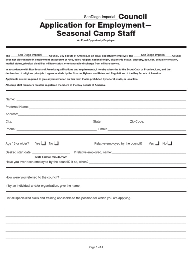 Council Application For Employment - Seasonal Camp Staff: Sandiego ...