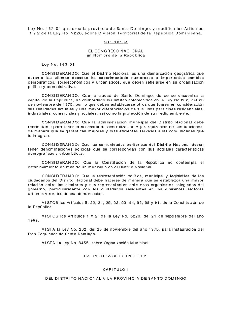 Ley 163-01, Crea Provincia Santo Domingo y Modifica Articulos 1 y 2 Ley ...