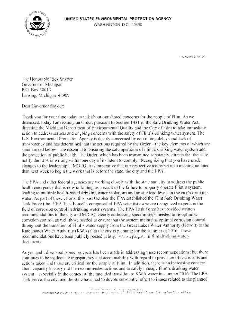 EPA Letter To Gov. Snyder | PDF | Drinking Water | United States ...