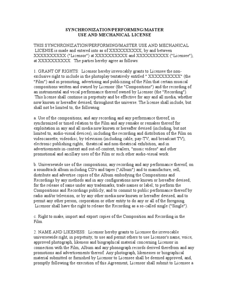 145-Synchronization Performing Master Use & Mechanical License | PDF ...