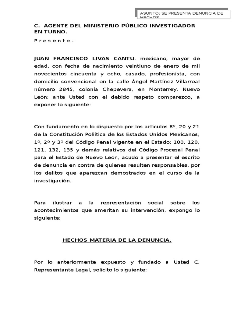 Denuncia Juan Francisco Livas | PDF | Ley de fideicomiso | Propiedad