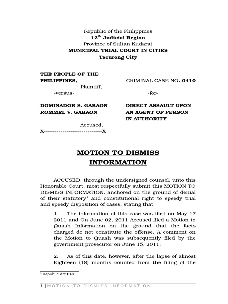 Motion To Dismiss (Speedy Trial) | PDF | Public Law | Justice
