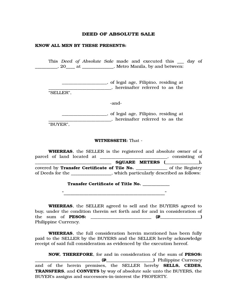 Deed of Absolute Sale-template | Deed | Law And Economics Deed of Absolute Sale-template | Deed | Law And Economics