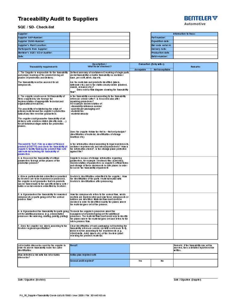 VDA 6.3 Supplier Traceability Audit Checklist | PDF