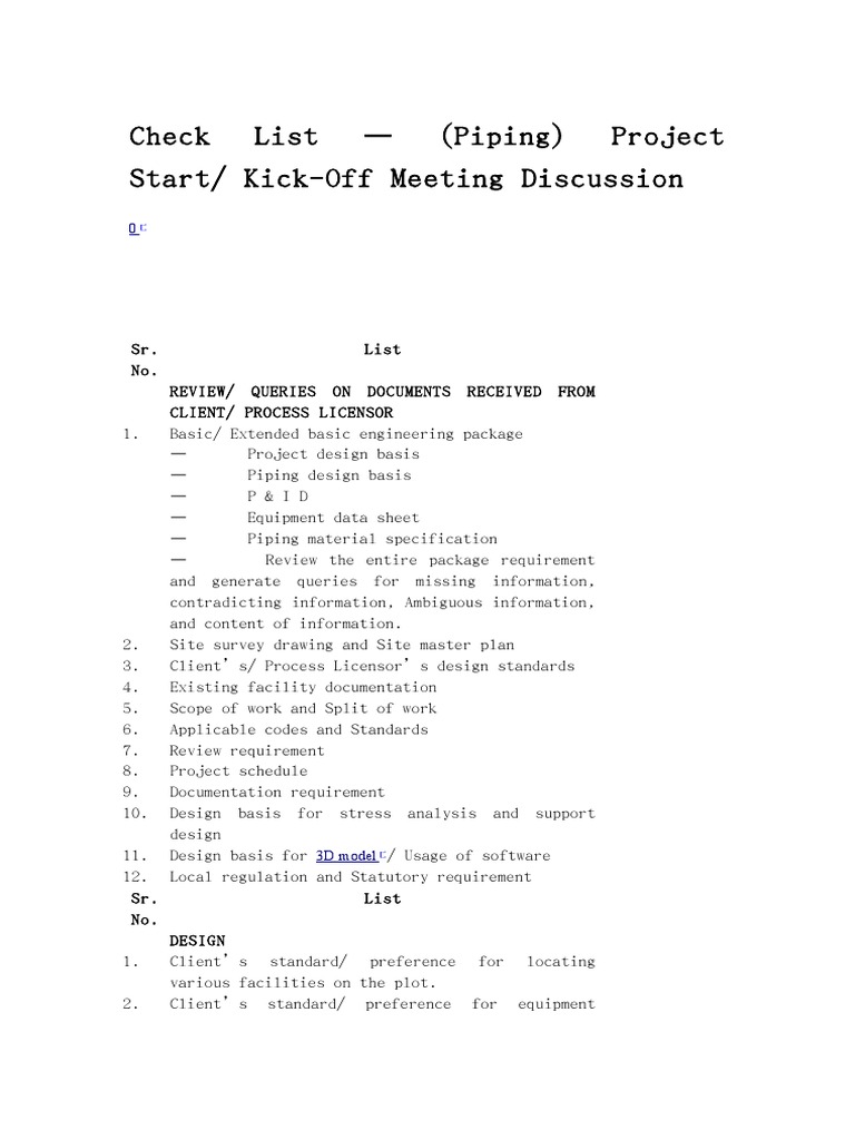 Piping Project Kick-Off Checklist | PDF | Pipe (Fluid Conveyance ...