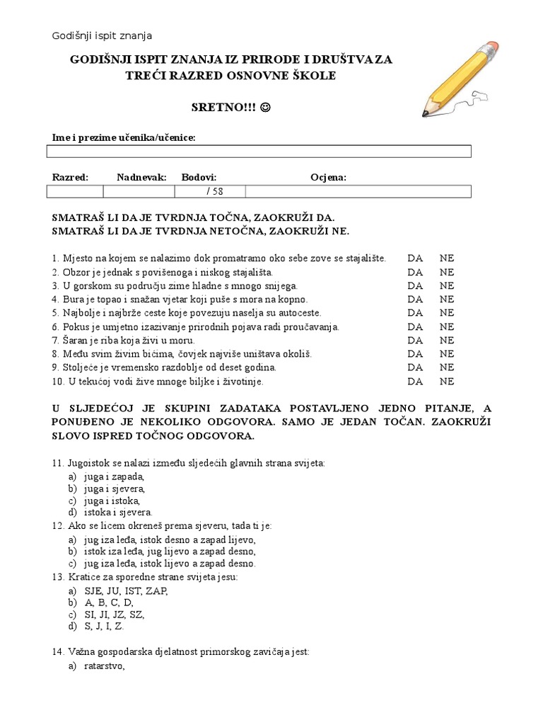 Godišnji Ispit Znanja Iz Prirode I Društva Za Treći Razred Osnovne ...