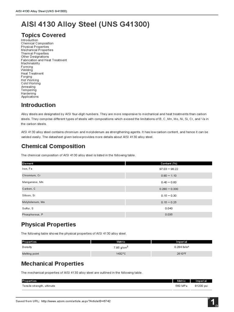 Aisi 4130 Alloy Steel (Uns g41300) | PDF | Technology & Engineering