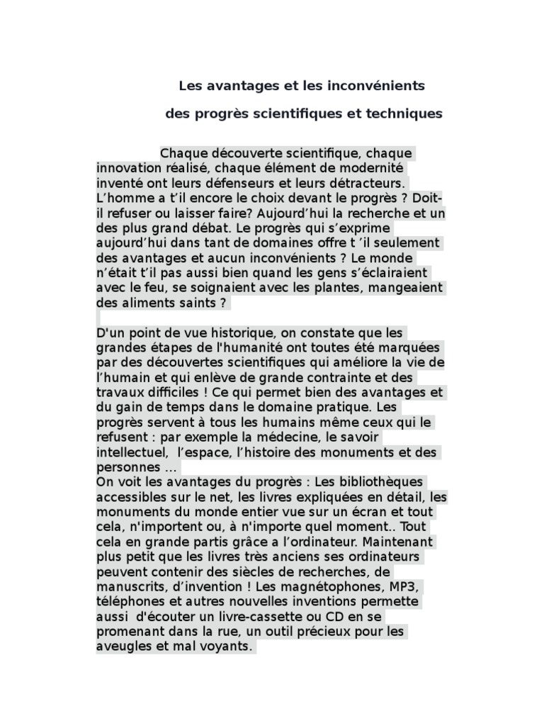 Les Avantages Et Les Inconvénients Des Progres Scientifiques | PDF ...
