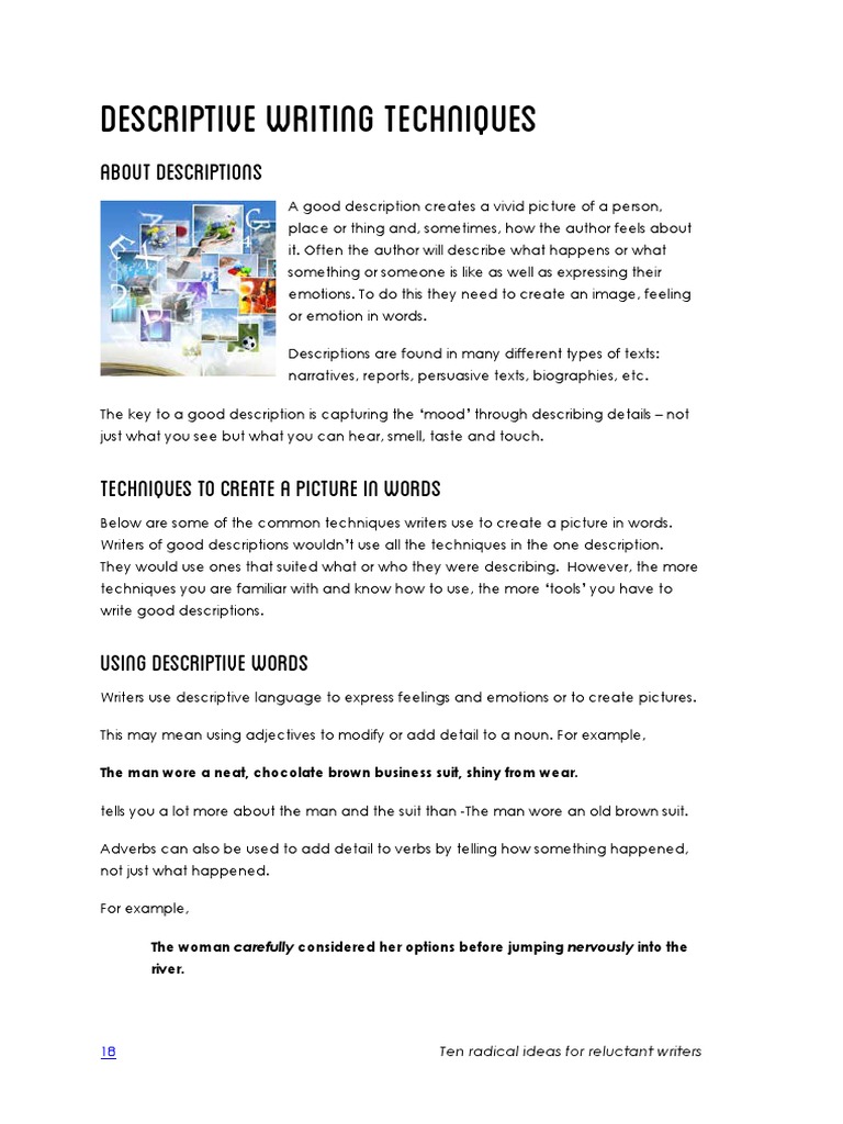 Descriptive Writing Techniques | PDF | Adverb | Syntax