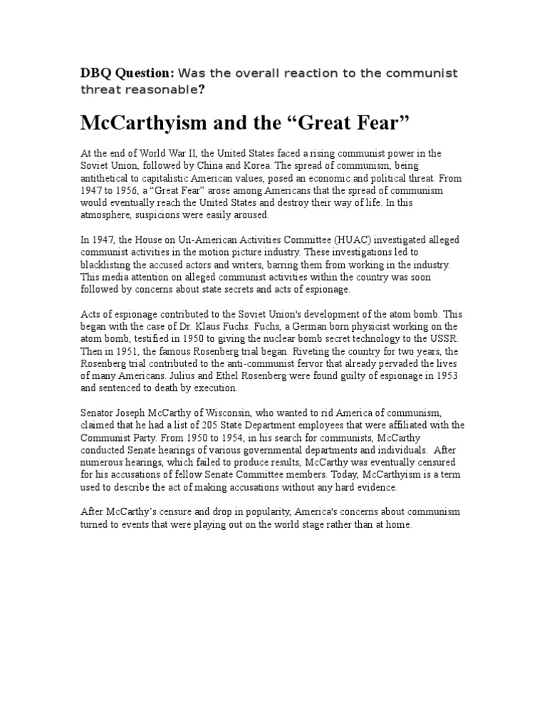 Mccarthyism and The "Great Fear": DBQ Question: ? | PDF | History