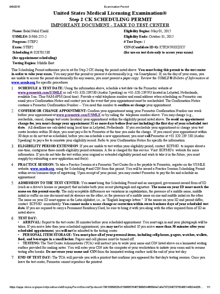 Examination Permit | PDF | United States Medical Licensing Examination ...