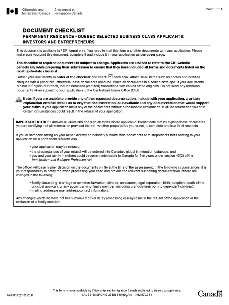 Document Checklist: Permanent Residence - Quebec Selected Business Class Applicants: Investors ...