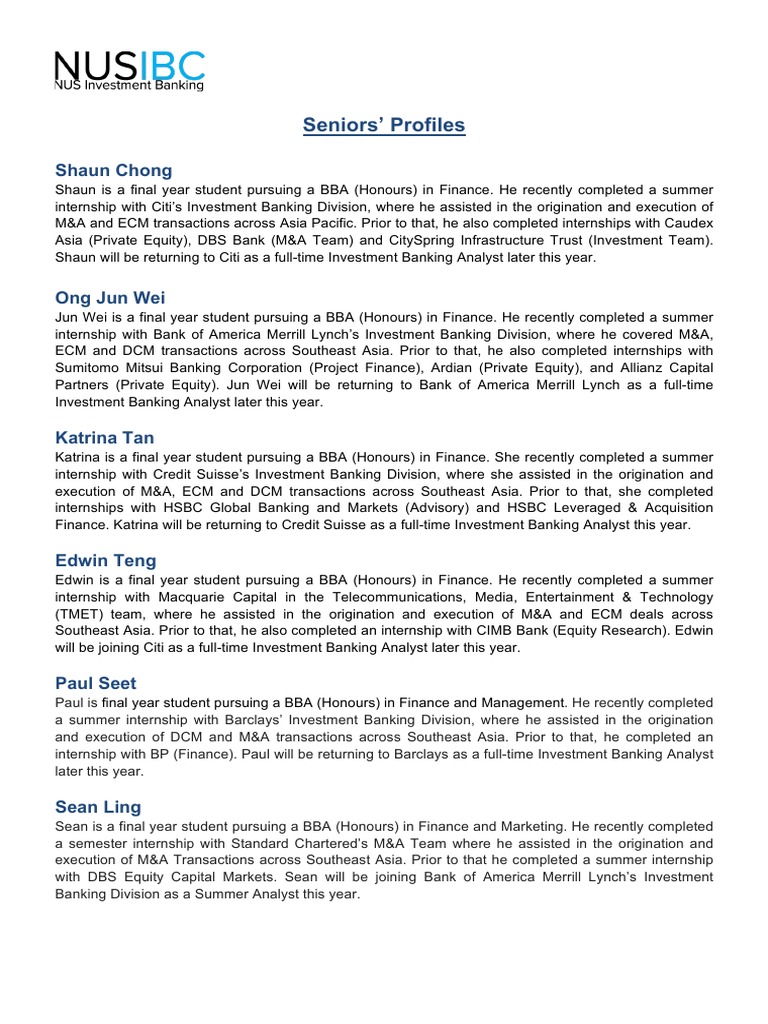 NUSIBC Seniors' Profiles | PDF | Investment Banking | Private Equity