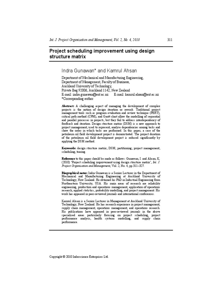 Project Scheduling Improvement Using Design Structure Matrix | PDF ...
