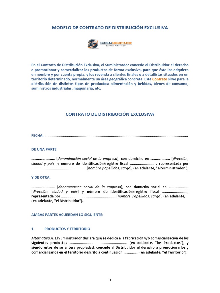 Contrato de Distribucion Exclusiva Modelo Ejemplo | PDF | Distribución ...