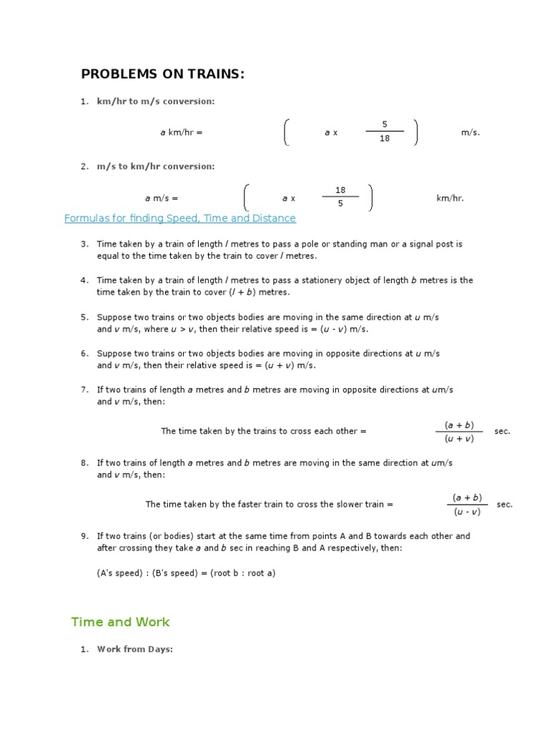 Problems On Trains:: Formulas For Finding Speed, Time and Distance | PDF | Fraction (Mathematics ...