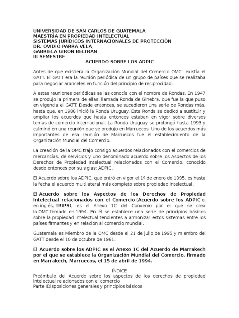 Acuerdo Sobre Los ADPIC | PDF | Acuerdo de viajes | Patentar