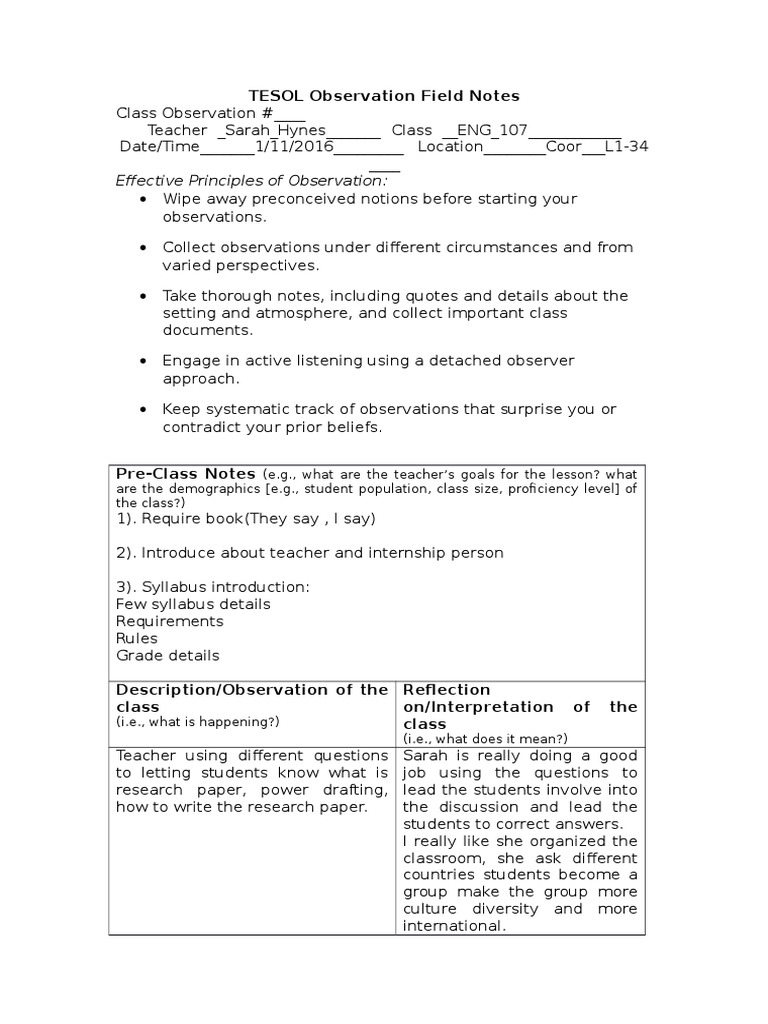 1 11 Eng 107 Observation Field Notes | PDF | English As A Second Or ...
