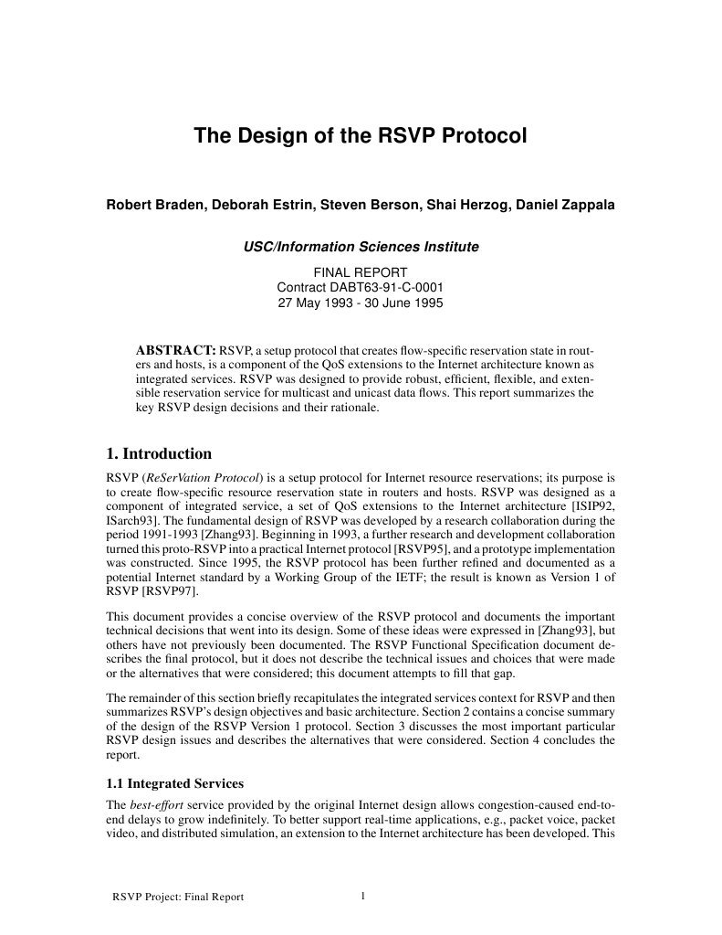 The Design of The RSVP Protocol: Robert Braden, Deborah Estrin, Steven ...