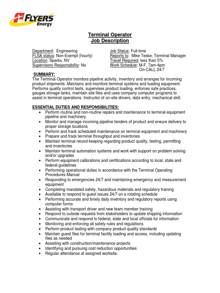 Terminal Operator Job Description: Essential Duties and ...