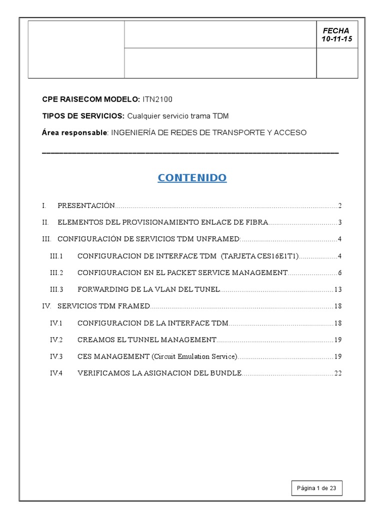 Procedimiento de Configuración de Servicios TDM en La Plataforma ITN 2100 | PDF | Red de ...