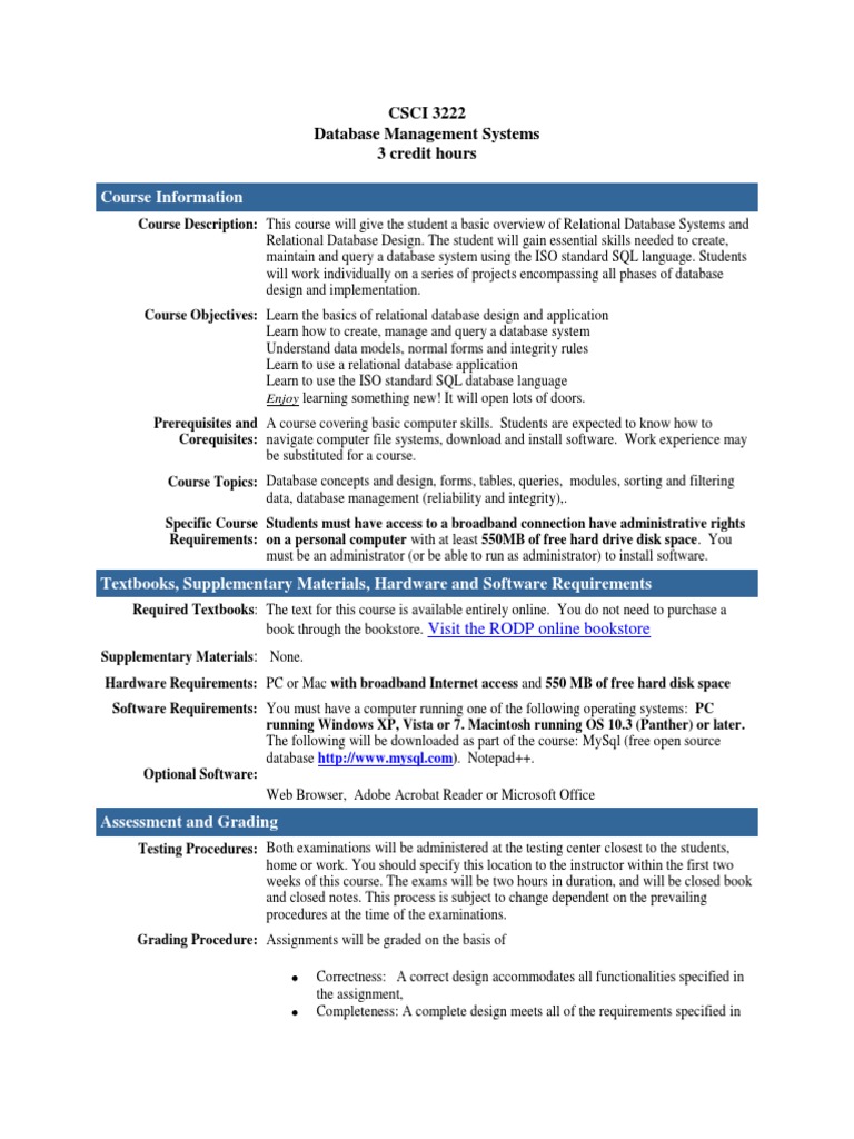 Course Information: CSCI 3222 Database Management Systems 3 Credit ... Course Information: CSCI 3222 Database Management Systems 3 Credit ...