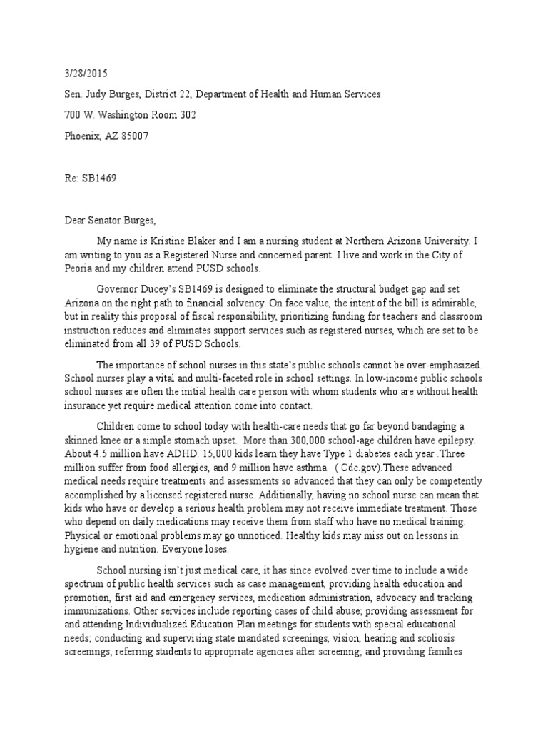 Blaker NUR 427 Letter to Legislator | Screening (Medicine) | Nursing