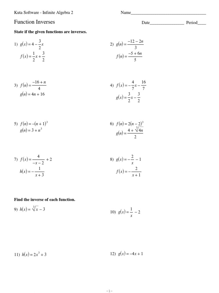 Function Inverses Worksheet | PDF | Mathematical Logic | Abstract Algebra