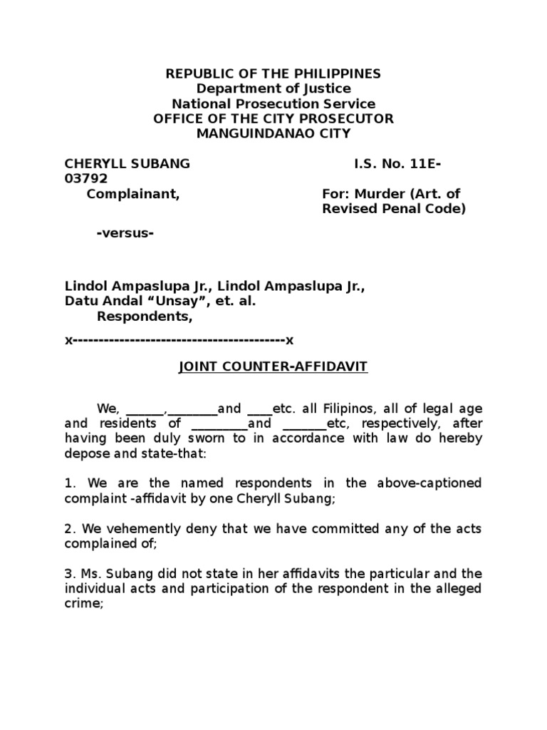 Joint Counter-Affidavit for Murder Case | PDF | Legal Communication ...