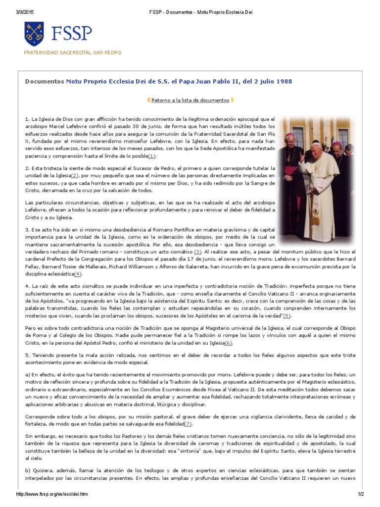 Motu Proprio Ecclesia Dei: Excomunión y Unidad | PDF | Papa | Iglesia ...